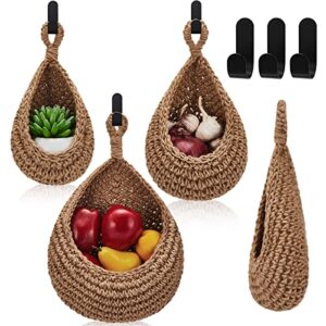 teardrop hanging baskets , onion basket coat bohemian storage fruit wall hooks for kitchen wall home restaurant garlic vegetable wall planters, 3 sizes (linen)