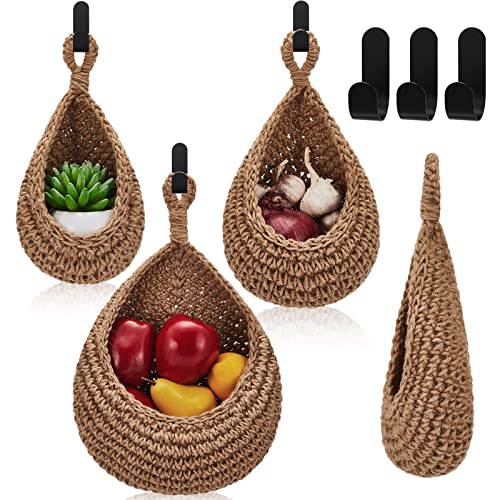 Teardrop Hanging Baskets , Onion Basket Coat Bohemian Storage Fruit Wall Hooks for Kitchen Wall Home Restaurant Garlic Vegetable Wall Planters, 3 Sizes (Linen)