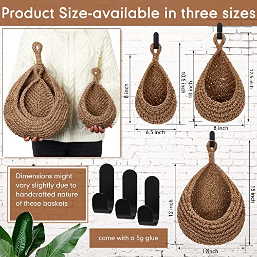 Teardrop Hanging Baskets , Onion Basket Coat Bohemian Storage Fruit Wall Hooks for Kitchen Wall Home Restaurant Garlic Vegetable Wall Planters, 3 Sizes (Linen)