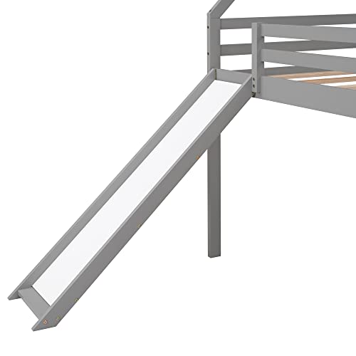 CITYLIGHT Kids Loft Bed with Slide, Twin Loft Bed Frame,House Bed Loft Twin Bed, Wood Low Loft Bed Twin with Roof for Girls Boys, No Box Spring Needed (Grey,Twin Size)