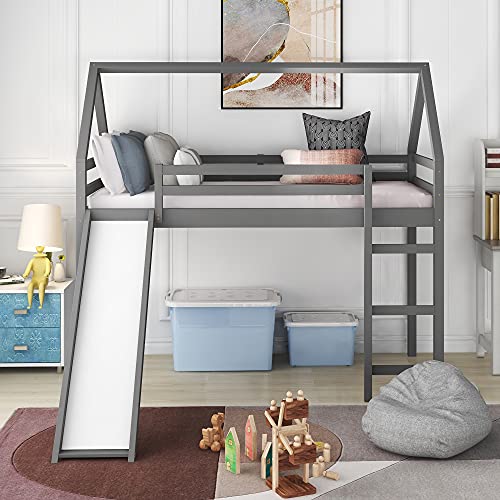 CITYLIGHT Kids Loft Bed with Slide, Twin Loft Bed Frame,House Bed Loft Twin Bed, Wood Low Loft Bed Twin with Roof for Girls Boys, No Box Spring Needed (Grey,Twin Size)