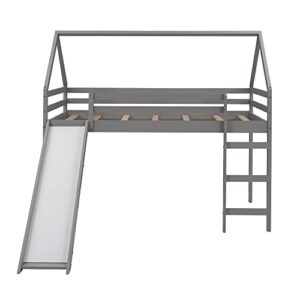 CITYLIGHT Kids Loft Bed with Slide, Twin Loft Bed Frame,House Bed Loft Twin Bed, Wood Low Loft Bed Twin with Roof for Girls Boys, No Box Spring Needed (Grey,Twin Size)