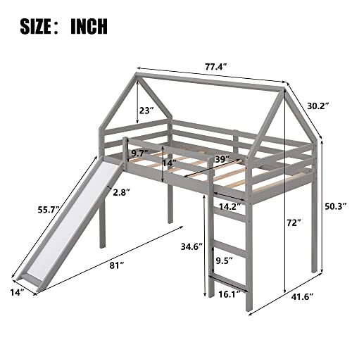 CITYLIGHT Kids Loft Bed with Slide, Twin Loft Bed Frame,House Bed Loft Twin Bed, Wood Low Loft Bed Twin with Roof for Girls Boys, No Box Spring Needed (Grey,Twin Size)