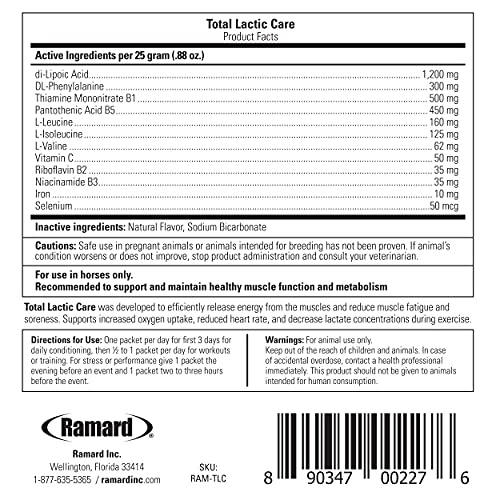 Ramard Total Lactic Care for Aging Horses, Supports Joint Function, Energy & Stamina Horse Supplies, Vitamin & Supplements w/ Branch Chain Amino Acids, 25g Pouch, 5-Pack