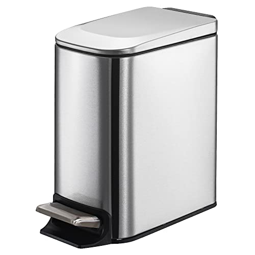 Siapapla Small Bathroom Trash Can with Lid,Step Pedal Stainless Steel Garbage Can with 100PCS Trash Bag,Slim and Narrow Rectangular Trash Bin,Inner Bucket for Bedroom,Kitchen,Office,1.6 Gal/6L,Silver