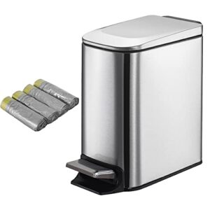 siapapla small bathroom trash can with lid,step pedal stainless steel garbage can with 100pcs trash bag,slim and narrow rectangular trash bin,inner bucket for bedroom,kitchen,office,1.6 gal/6l,silver