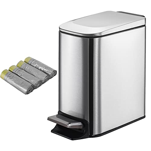 Siapapla Small Bathroom Trash Can with Lid,Step Pedal Stainless Steel Garbage Can with 100PCS Trash Bag,Slim and Narrow Rectangular Trash Bin,Inner Bucket for Bedroom,Kitchen,Office,1.6 Gal/6L,Silver