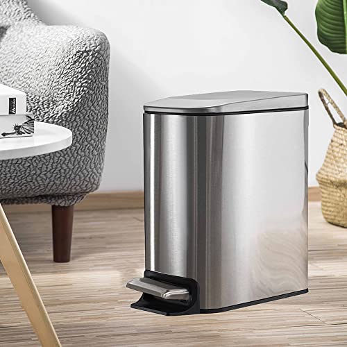 Siapapla Small Bathroom Trash Can with Lid,Step Pedal Stainless Steel Garbage Can with 100PCS Trash Bag,Slim and Narrow Rectangular Trash Bin,Inner Bucket for Bedroom,Kitchen,Office,1.6 Gal/6L,Silver