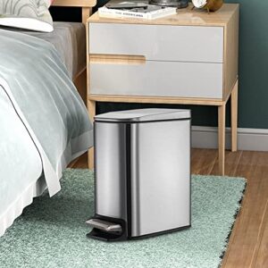 Siapapla Small Bathroom Trash Can with Lid,Step Pedal Stainless Steel Garbage Can with 100PCS Trash Bag,Slim and Narrow Rectangular Trash Bin,Inner Bucket for Bedroom,Kitchen,Office,1.6 Gal/6L,Silver