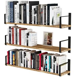 wallniture toledo wood floating shelves for wall storage, floating bookshelf set of 3, 24"x6" rustic wall shelves for living room, bedroom, kitchen, bathroom storage, burned finish