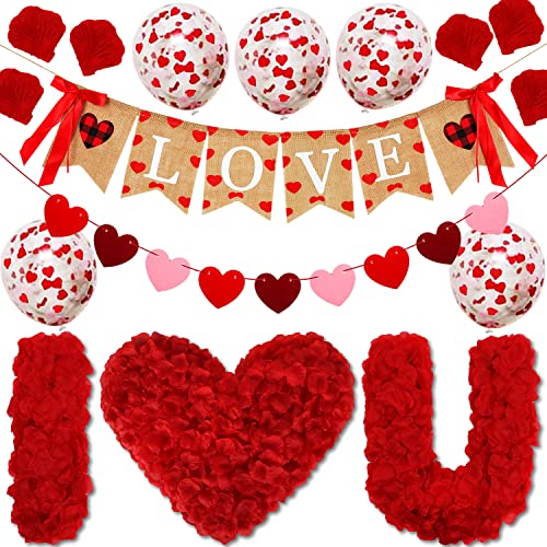 Valentines Day Banner Decorations, Valentines LOVE Burlap Banners with 1000Pcs Red Artificial Rose Flower Petal Heart Shape Banner Red Heart Confetti Balloons for Valentines Day Wedding Decorations