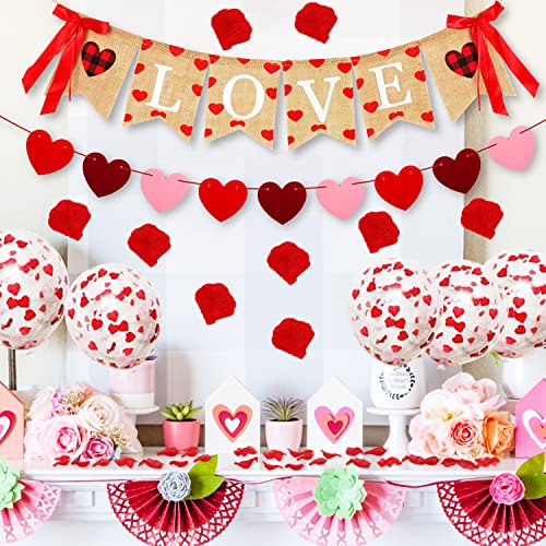 Valentines Day Banner Decorations, Valentines LOVE Burlap Banners with 1000Pcs Red Artificial Rose Flower Petal Heart Shape Banner Red Heart Confetti Balloons for Valentines Day Wedding Decorations