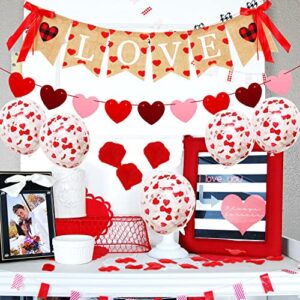 Valentines Day Banner Decorations, Valentines LOVE Burlap Banners with 1000Pcs Red Artificial Rose Flower Petal Heart Shape Banner Red Heart Confetti Balloons for Valentines Day Wedding Decorations