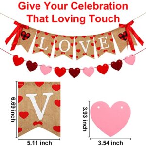 Valentines Day Banner Decorations, Valentines LOVE Burlap Banners with 1000Pcs Red Artificial Rose Flower Petal Heart Shape Banner Red Heart Confetti Balloons for Valentines Day Wedding Decorations