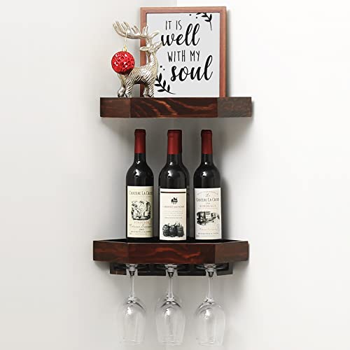 WELLAND Wall Mounted Corner Wine Rack -2 Pack Wooden Rustic Floating Corner Wine Holder with 6-7 Glass Slot Holder