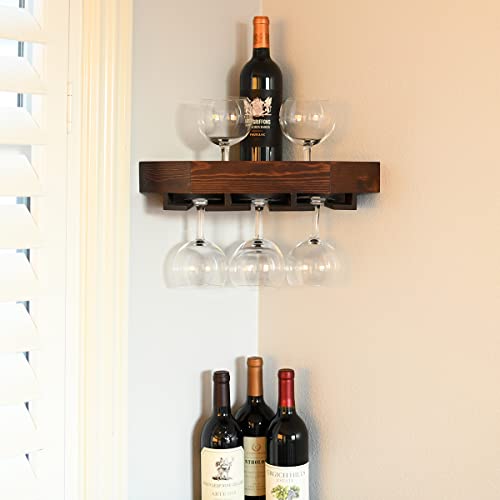 WELLAND Wall Mounted Corner Wine Rack -2 Pack Wooden Rustic Floating Corner Wine Holder with 6-7 Glass Slot Holder