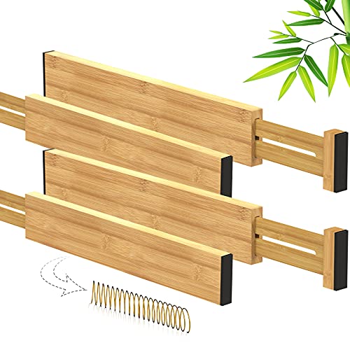 4 Pack Drawer Dividers for Clothes, Expandable Bamboo Separators Organization, Adjustable Organizers for Kitchen, Bedroom, Bathroom, Dresser, Office, Cabinet and Closet Storage