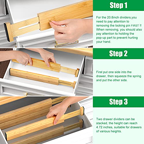 4 Pack Drawer Dividers for Clothes, Expandable Bamboo Separators Organization, Adjustable Organizers for Kitchen, Bedroom, Bathroom, Dresser, Office, Cabinet and Closet Storage