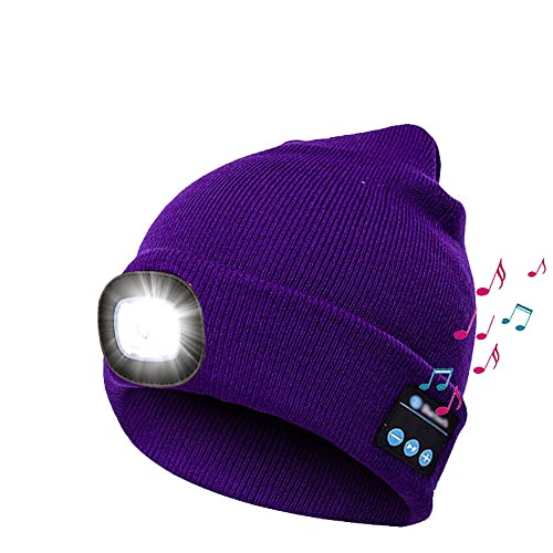 Bluetooth Beanie Hat with Light, Unisex USB Rechargeable LED Headlamp Cap with Headphones, Built-in Speakers & Mic Winter Knitted Night Lighted Music Hat, Gifts for Men Him Husband Men and women