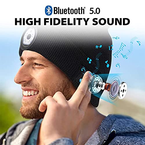 Bluetooth Beanie Hat with Light, Unisex USB Rechargeable LED Headlamp Cap with Headphones, Built-in Speakers & Mic Winter Knitted Night Lighted Music Hat, Gifts for Men Him Husband Men and women