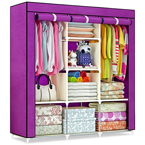 QLFJ-FurDec Portable Wardrobe Closet, 47 Inch Clothes Storage Organizer Rack Shelves, Non-Woven Fabric Cover Standing Closet with 2 Hanging Rods, Durable, Quick and Easy Assembly(Purple)