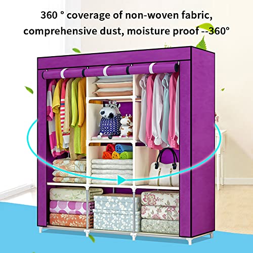 QLFJ-FurDec Portable Wardrobe Closet, 47 Inch Clothes Storage Organizer Rack Shelves, Non-Woven Fabric Cover Standing Closet with 2 Hanging Rods, Durable, Quick and Easy Assembly(Purple)