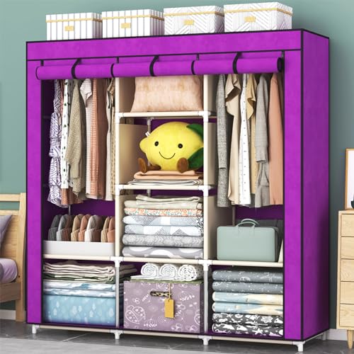 QLFJ-FurDec Portable Wardrobe Closet, 47 Inch Clothes Storage Organizer Rack Shelves, Non-Woven Fabric Cover Standing Closet with 2 Hanging Rods, Durable, Quick and Easy Assembly(Purple)