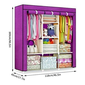 QLFJ-FurDec Portable Wardrobe Closet, 47 Inch Clothes Storage Organizer Rack Shelves, Non-Woven Fabric Cover Standing Closet with 2 Hanging Rods, Durable, Quick and Easy Assembly(Purple)