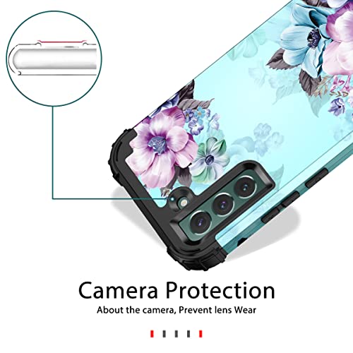 Casetego Compatible with Galaxy S22 5G Case,Floral Three Layer Heavy Duty Sturdy Shockproof Full Body Protective Cover Case for Samsung Galaxy S22 5G,Blue Flower