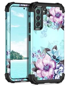 casetego compatible with galaxy s22 5g case,floral three layer heavy duty sturdy shockproof full body protective cover case for samsung galaxy s22 5g,blue flower