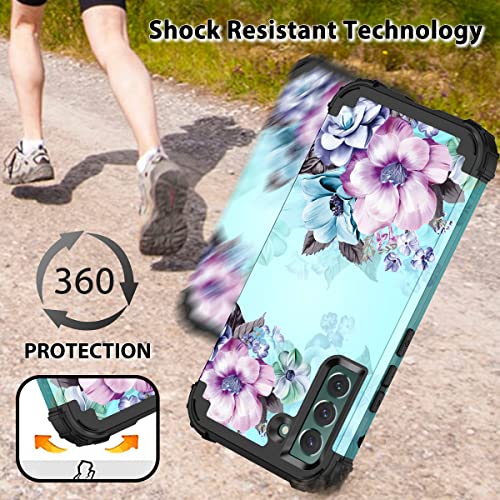 Casetego Compatible with Galaxy S22 5G Case,Floral Three Layer Heavy Duty Sturdy Shockproof Full Body Protective Cover Case for Samsung Galaxy S22 5G,Blue Flower