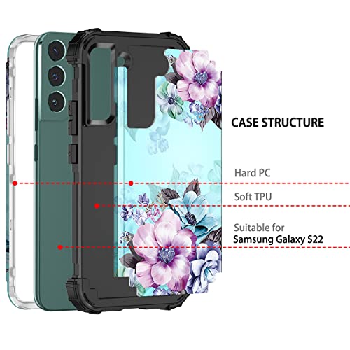 Casetego Compatible with Galaxy S22 5G Case,Floral Three Layer Heavy Duty Sturdy Shockproof Full Body Protective Cover Case for Samsung Galaxy S22 5G,Blue Flower