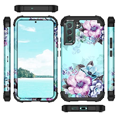 Casetego Compatible with Galaxy S22 5G Case,Floral Three Layer Heavy Duty Sturdy Shockproof Full Body Protective Cover Case for Samsung Galaxy S22 5G,Blue Flower