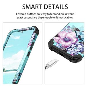 Casetego Compatible with Galaxy S22 5G Case,Floral Three Layer Heavy Duty Sturdy Shockproof Full Body Protective Cover Case for Samsung Galaxy S22 5G,Blue Flower