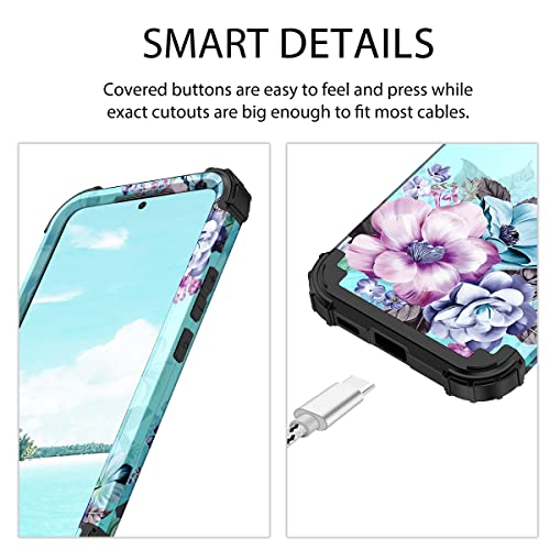 Casetego Compatible with Galaxy S22 5G Case,Floral Three Layer Heavy Duty Sturdy Shockproof Full Body Protective Cover Case for Samsung Galaxy S22 5G,Blue Flower