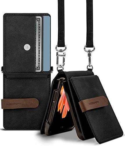 GOOSPERY Wallet Case Compatible with Galaxy Z Flip, Detachable Card Holder 2 Card Pocket Storage Premium PU Leather Adjustable Cross-Body Strap Attached Earbud Cord Organizer (Black)