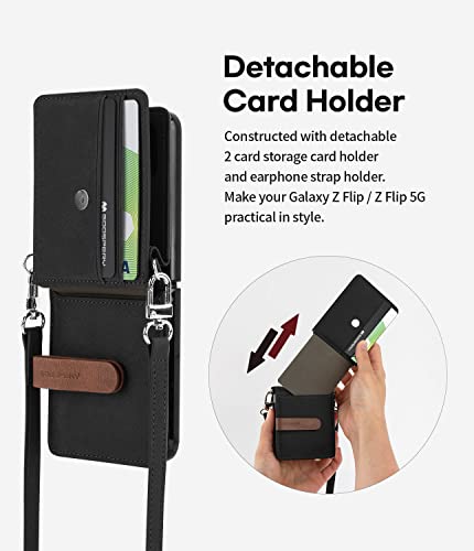 GOOSPERY Wallet Case Compatible with Galaxy Z Flip, Detachable Card Holder 2 Card Pocket Storage Premium PU Leather Adjustable Cross-Body Strap Attached Earbud Cord Organizer (Black)