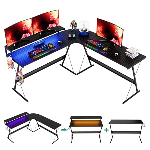 Bestier 65" LED L Shaped Gaming Desk Corner Computer Desk with RGB Lights Gamer Desk with Cup Holder Headset Hook Home Office Desk 22 Lighting Modes, Carbon Fiber Black