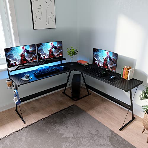 Bestier 65" LED L Shaped Gaming Desk Corner Computer Desk with RGB Lights Gamer Desk with Cup Holder Headset Hook Home Office Desk 22 Lighting Modes, Carbon Fiber Black