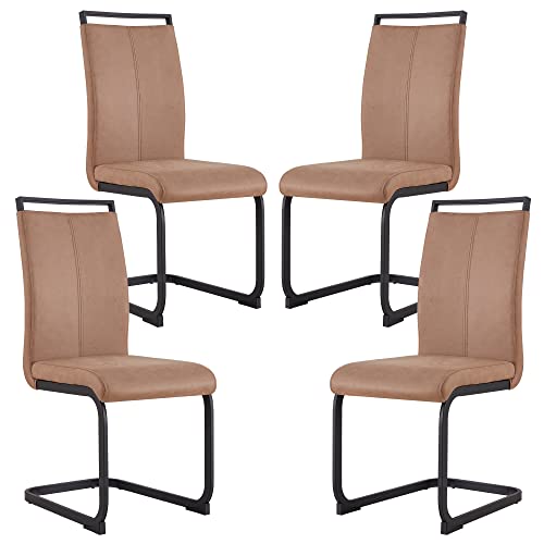 BAOPIN Modern Dining Chairs Set of 4, Brown Side Dining Room Chairs, Armless Kitchen Chairs with Faux Leather Padded Seat High Back and Sturdy Chrome Legs, Chairs for Dining Room,Kitchen,Living Room