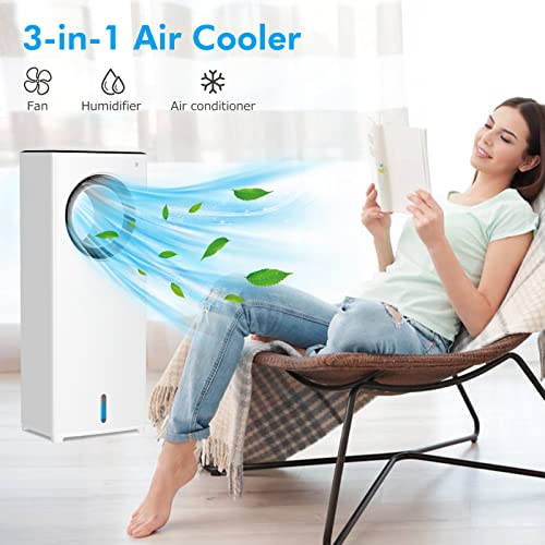 Portable Air Conditioner, 3-IN-1 Evaporative Air Cooler, Personal Bladeless Tower Fan/AC Cooling & Humidification, 3 Wind Speeds, 3 Modes, 40°Oscillation, 4-8H Timer with Remote Control, Evaporative Coolers For Room Home Office