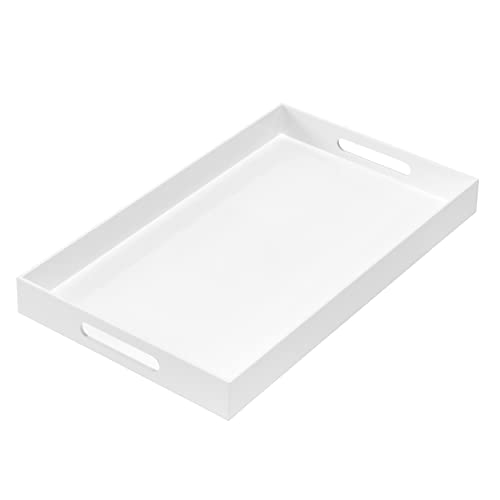 MUKEEN Glossy White Sturdy Acrylic Serving Tray with Handles 12x20x2H Inches -Spill Proof- Decorative Trays Countertop Organizer for Ottoman Coffee Table Nightstand, sidetable, Breakfast, Tea, Food