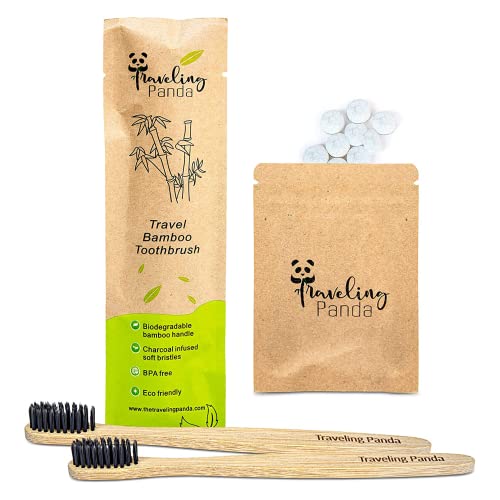 Traveling Panda Bamboo Toothbrushes Soft Bristles, Travel Toothbrush Kit, Includes Brushes and Mint Toothpaste Tablets, Essentials for On The Go Teeth Brushing, 2 Large Brushes and x2 10 Tabs