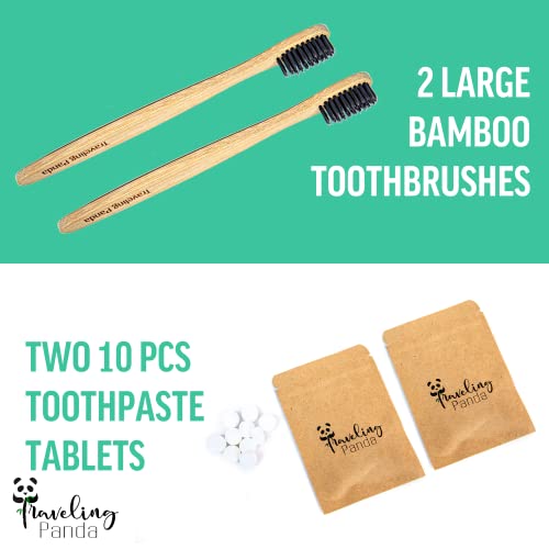 Traveling Panda Bamboo Toothbrushes Soft Bristles, Travel Toothbrush Kit, Includes Brushes and Mint Toothpaste Tablets, Essentials for On The Go Teeth Brushing, 2 Large Brushes and x2 10 Tabs