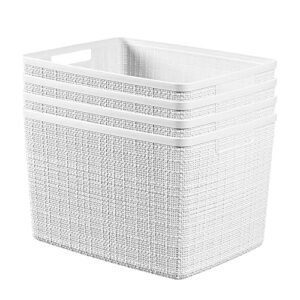 curver set of 4 jute large decorative plastic organization and storage baskets perfect bins for home office, closet shelves, kitchen pantry and all bedroom essentials, white, 4