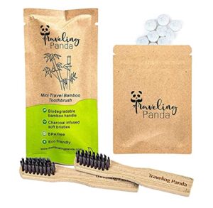 traveling panda mini travel bamboo toothbrush kit with 2 soft bristle toothbrushes and mint toothpaste tablets, 2x 10 tabs