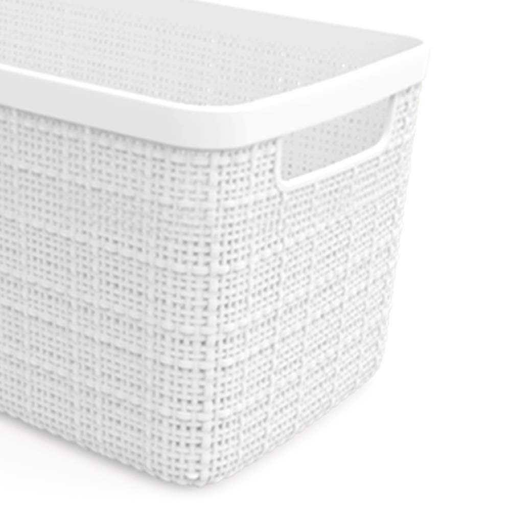 Curver Jute Decorative Plastic Organization and Storage Basket Perfect Bins for Home Office, Closet Shelves, Kitchen Pantry and All Bedroom Essentials, Slim, White, Set of 8