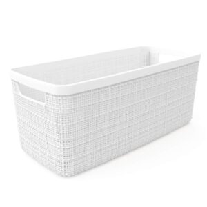 Curver Jute Decorative Plastic Organization and Storage Basket Perfect Bins for Home Office, Closet Shelves, Kitchen Pantry and All Bedroom Essentials, Slim, White, Set of 8