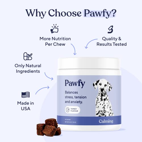 Pawfy dogs Calming Soft Chews | Anxiety | Separation | Stress Relief | Travel | Behavioral Training | Fireworks & Other Stressful Events | with L-Tryptophan & Chamomile