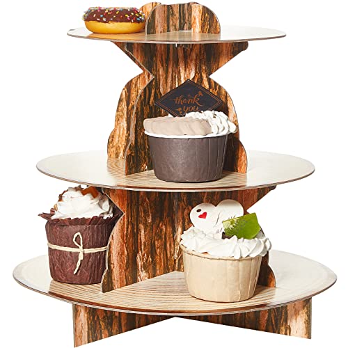 3 Tier Woodland Cardboard Cupcake Stand Wild Round Cupcake Tower Display Wood Grain Cupcake Holder Birthday Party Dessert Tower Decor Supplies